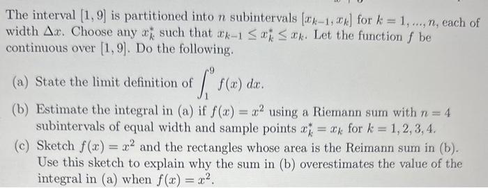 Solved The interval [1,9] is partitioned into n subintervals | Chegg.com