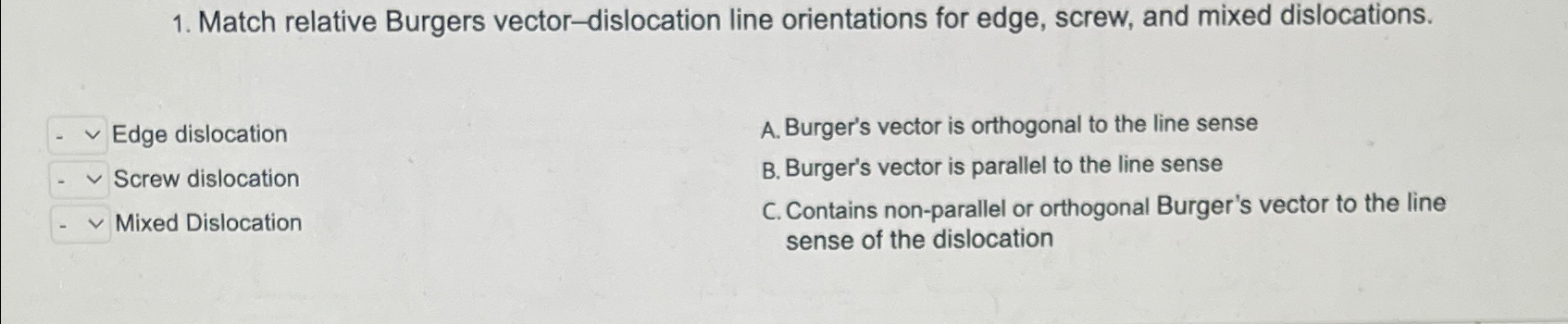 Solved Match relative Burgers vector-dislocation line | Chegg.com