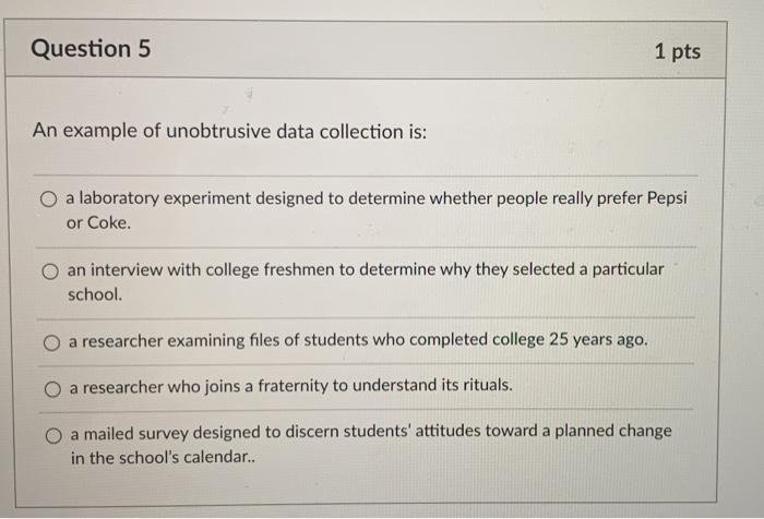 Solved Question 5 1 pts An example of unobtrusive data | Chegg.com
