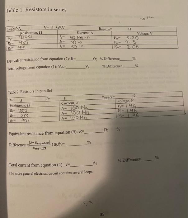 Table 1 . Resistors in series Equivalent resistance | Chegg.com