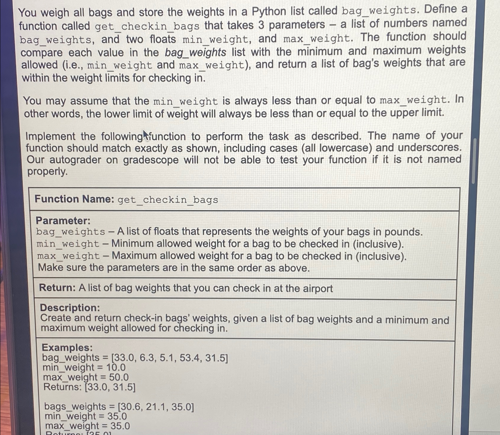 Solved You weigh all bags and store the weights in a Python | Chegg.com