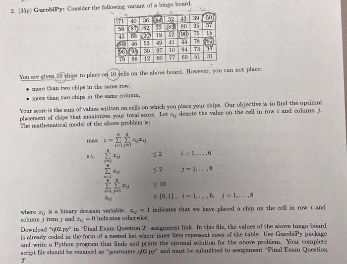 Solved 2. (35p) GurobiPy: Consider the following variant of | Chegg.com