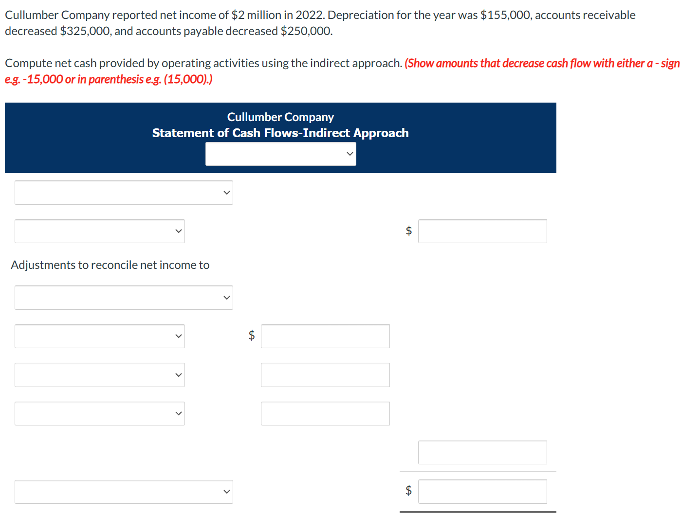 Solved Cullumber Company reported net income of $2 ﻿million | Chegg.com