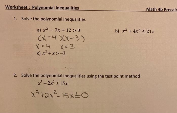 Solved Worksheet Polynomial Inequalities Math 4b Precalculus | Chegg.com