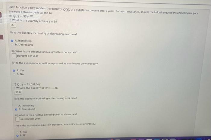 Each function below models the quantity, Q(t), of a | Chegg.com