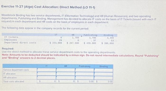 Solved Exerclse 11-27 (Algo) Cost Allocation: Direct Method | Chegg.com