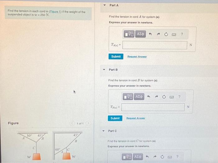 Solved Find the tension in each cord in (Figure 1) it the | Chegg.com