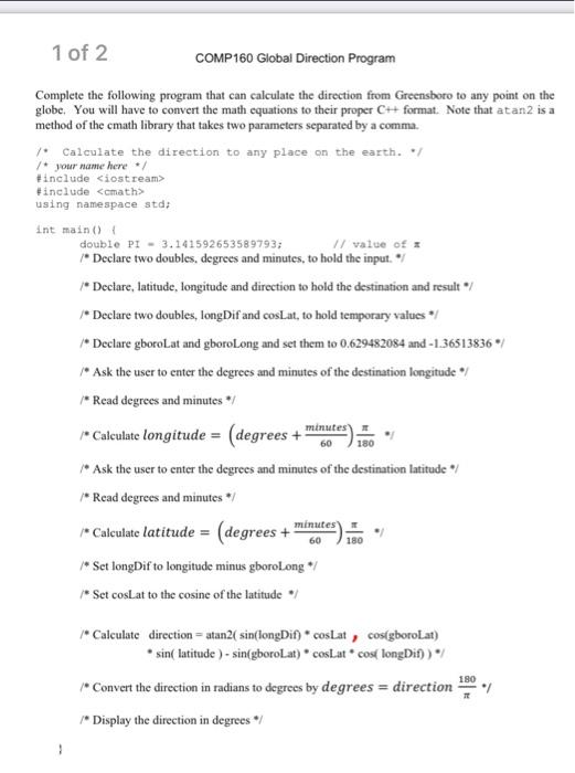Solved 1 of 2 COMP160 Global Direction Program Complete the | Chegg.com