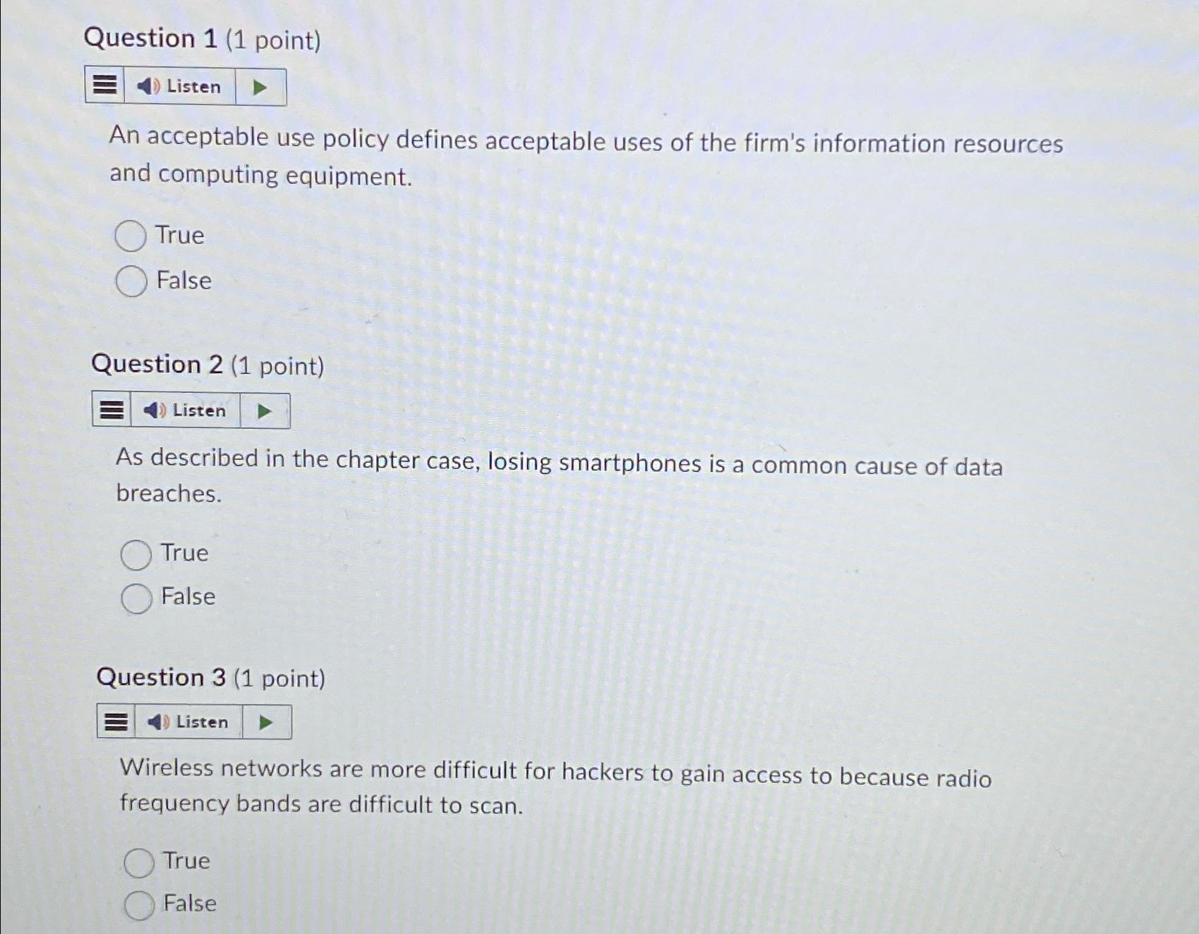 Solved Question 1 (1 ﻿point)ListenAn acceptable use policy | Chegg.com