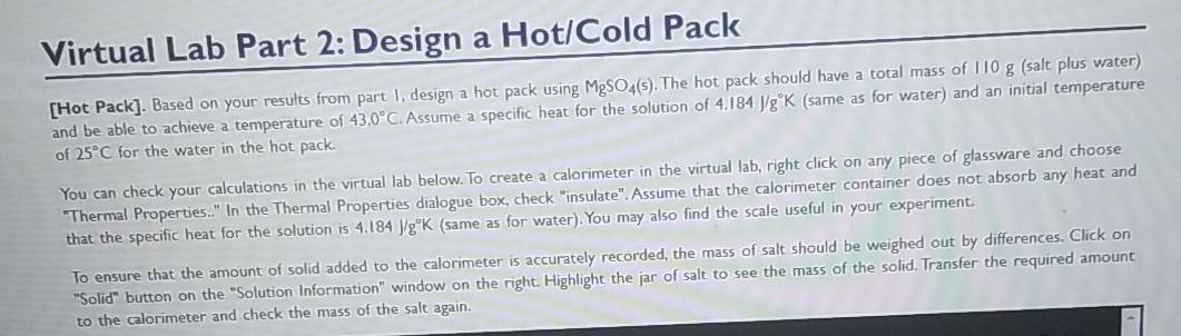 Solved Virtual Lab Part 2: Design a Hot/Cold Pack [Hot | Chegg.com