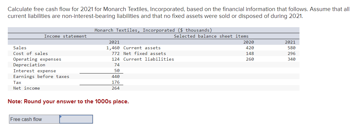 Solved Calculate free cash flow for 2021 ﻿for Monarch | Chegg.com