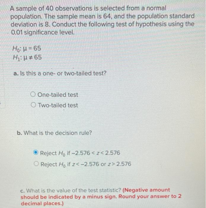 Solved A sample of 40 observations is selected from a normal | Chegg.com