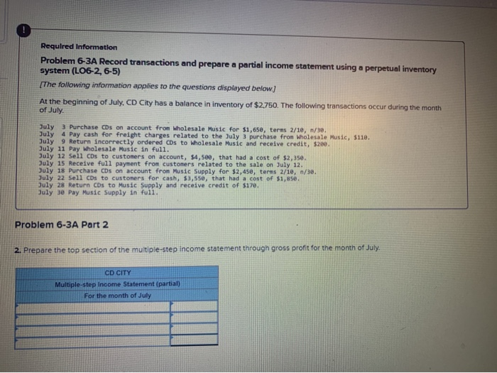 Solved Required Information Problem 6-3A Record transactions | Chegg.com