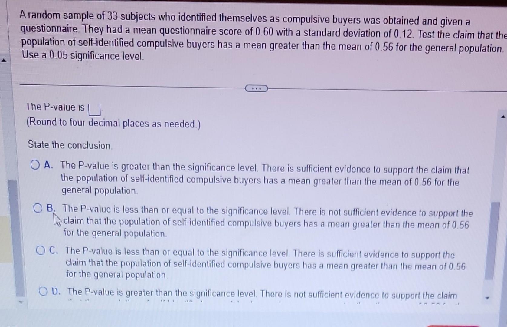 Solved A random sample of 33 subjects who identified | Chegg.com