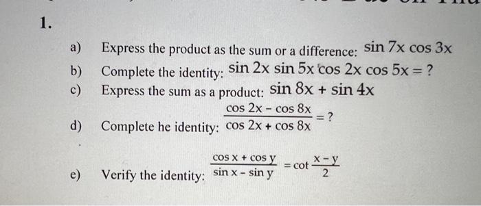 Solved a) Express the product as the sum or a difference: | Chegg.com