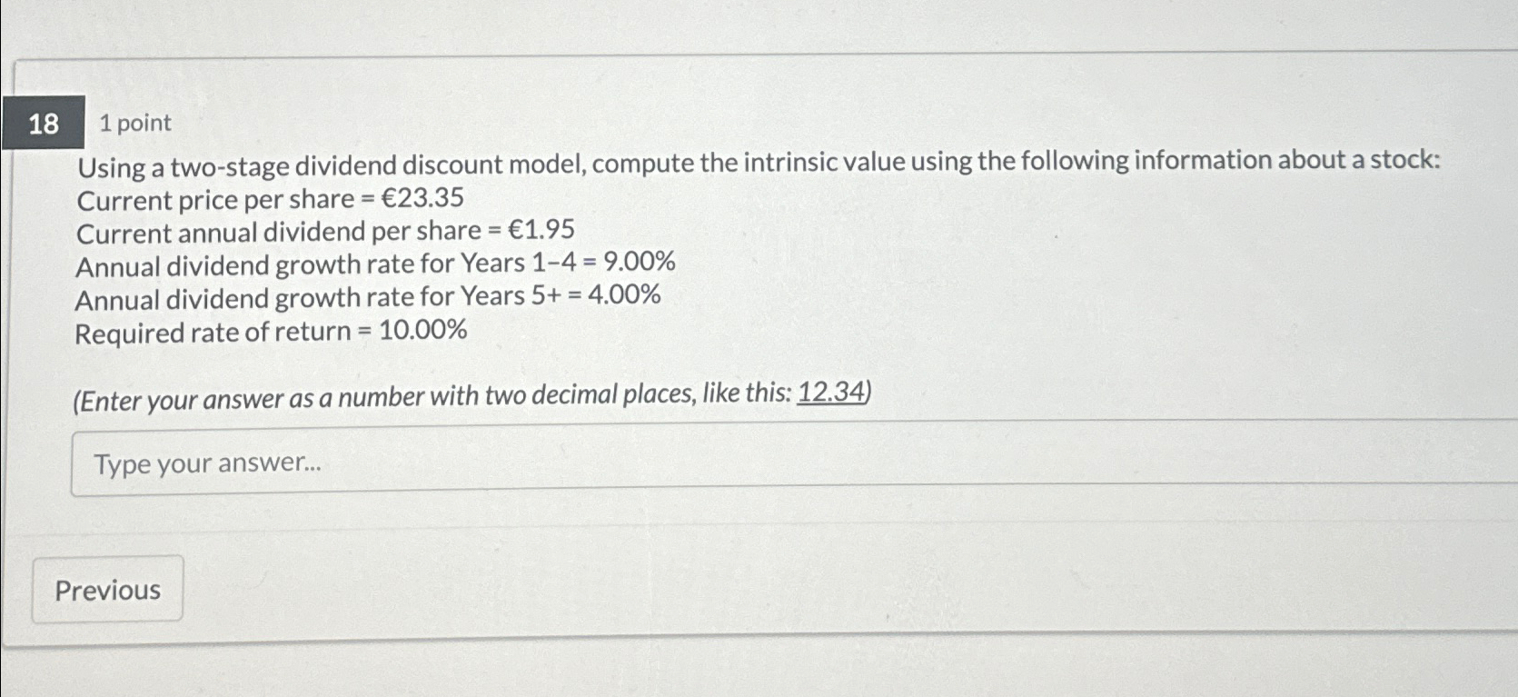 Solved 181 ﻿pointUsing a two-stage dividend discount model, | Chegg.com