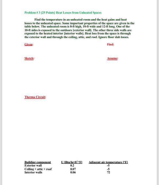 Solved Problem \# 3 [25 Points] Heat Losses from Unheated | Chegg.com