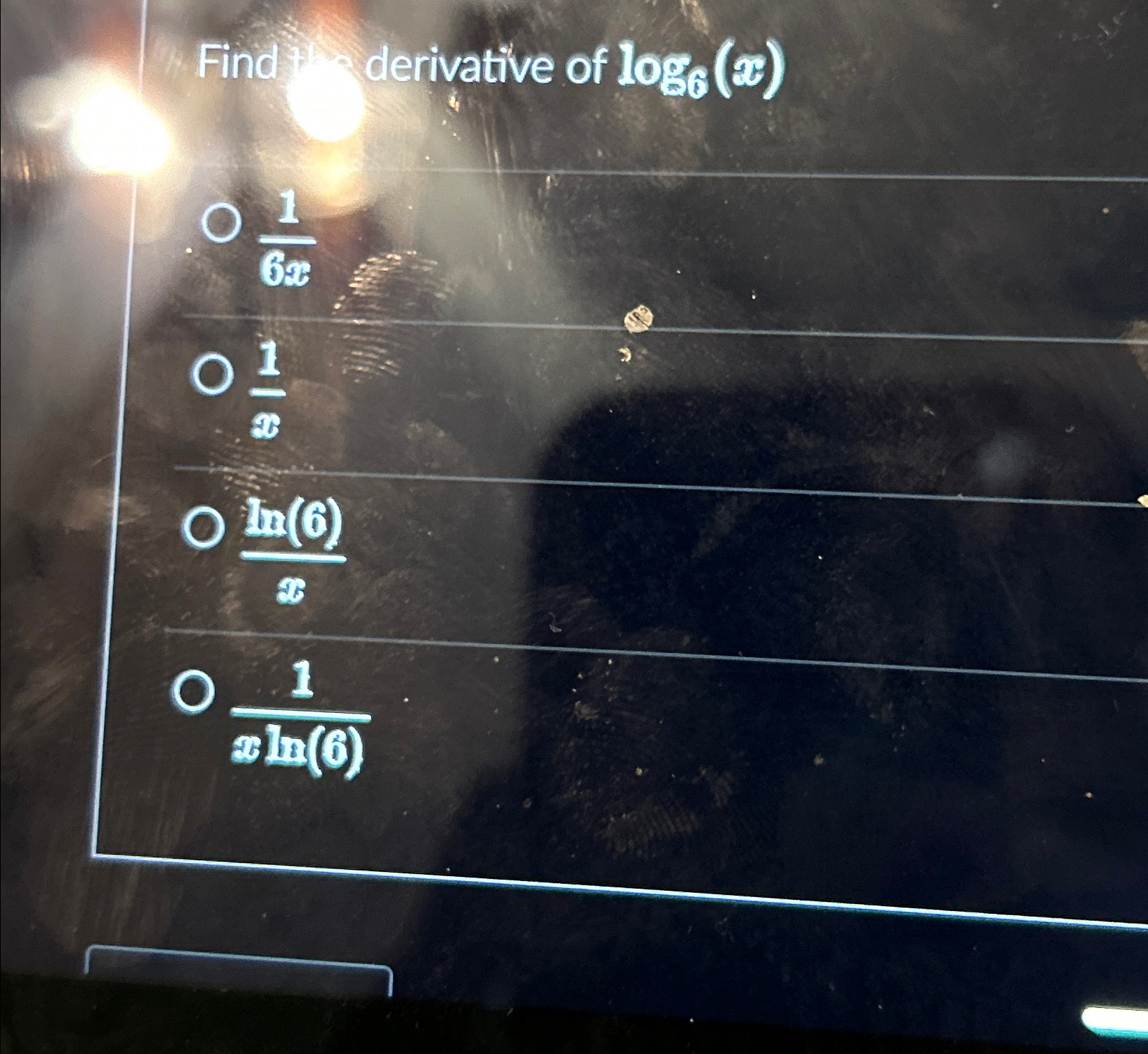 Solved Find derivative of log6(x)16xO 1ab0ln(6)xO 12ln(6) | Chegg.com