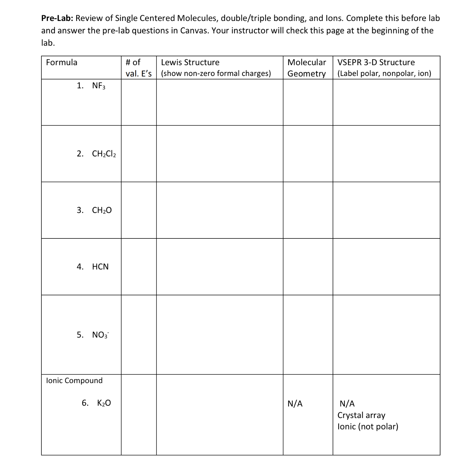 Pre-Lab: Review of Single Centered Molecules, | Chegg.com