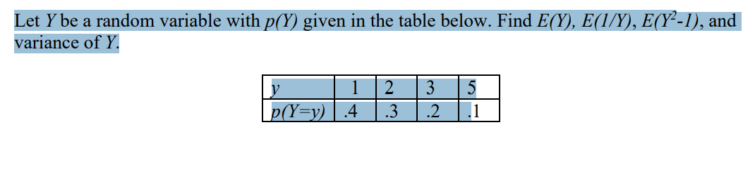 Solved Let Y ﻿be a random variable with p(Y) ﻿given in the | Chegg.com