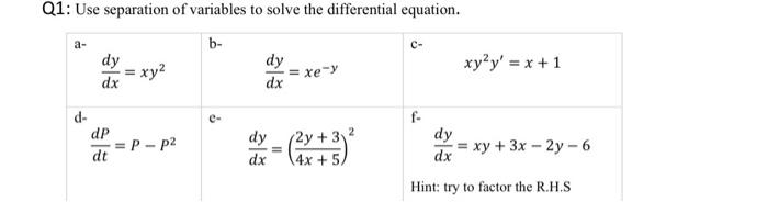 Solved Q1: Use separation of variables to solve the | Chegg.com