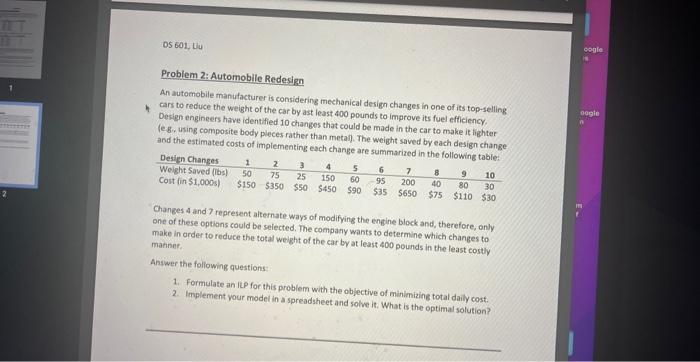 Solved Problem 2: Automobile Redesign An automobile | Chegg.com
