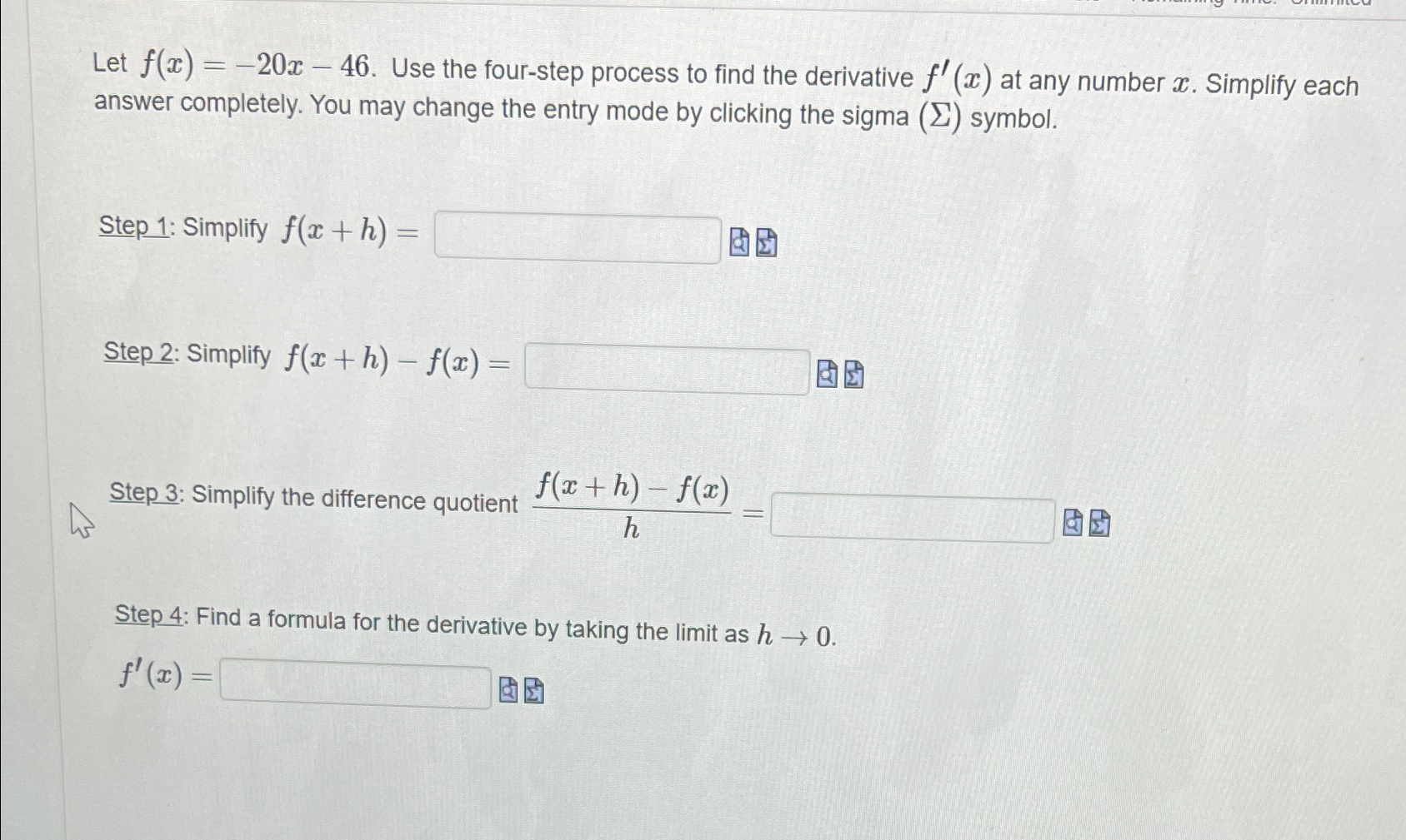 Solved Let f(x)=-20x-46. ﻿Use the four-step process to find | Chegg.com