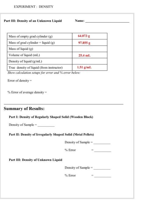 Solved EXPERIMENT: DENSITY Part III: Density of an Unknown | Chegg.com