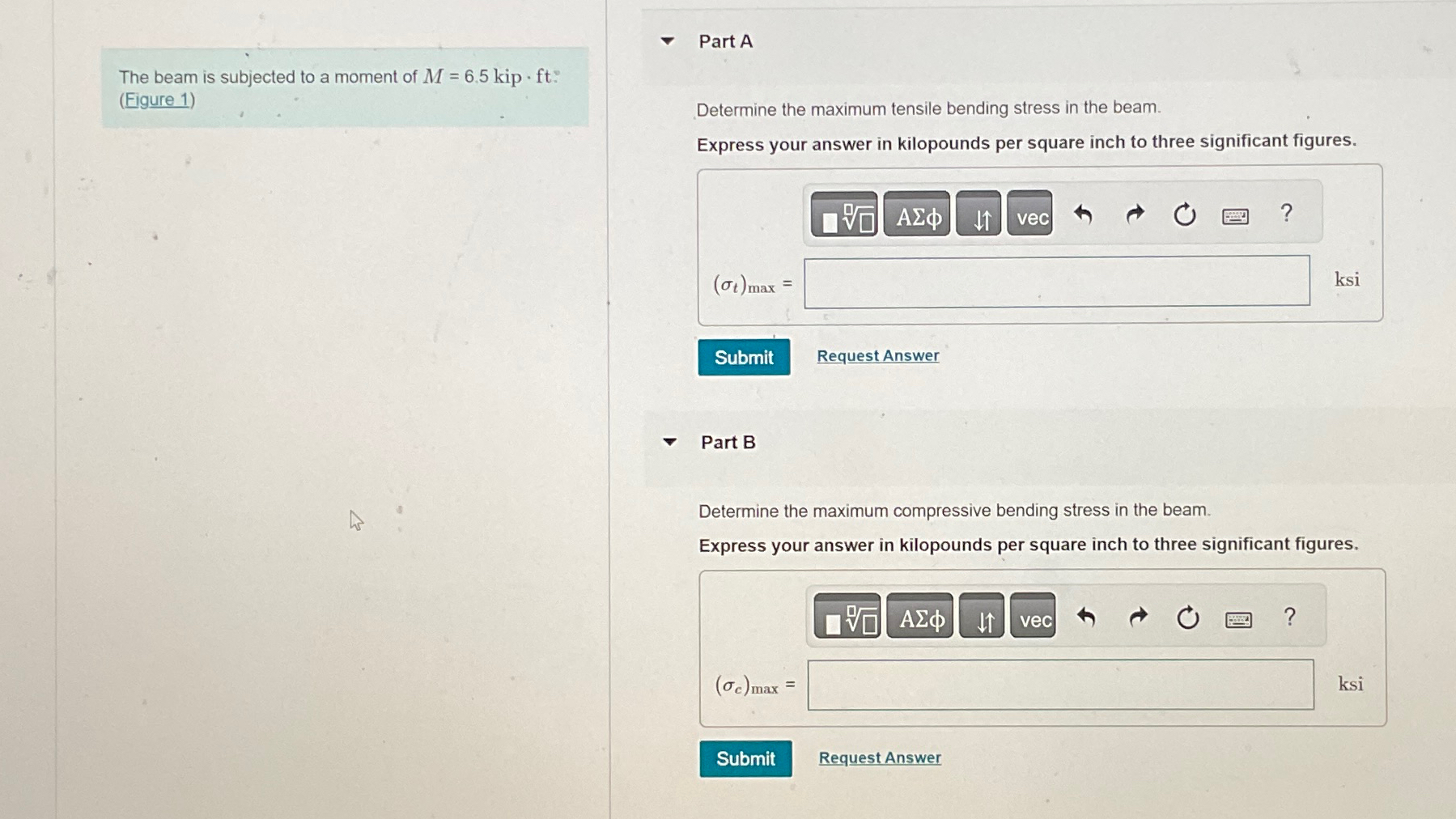 The beam is subjected to a moment of M=6.5kip*ft ﻿: | Chegg.com