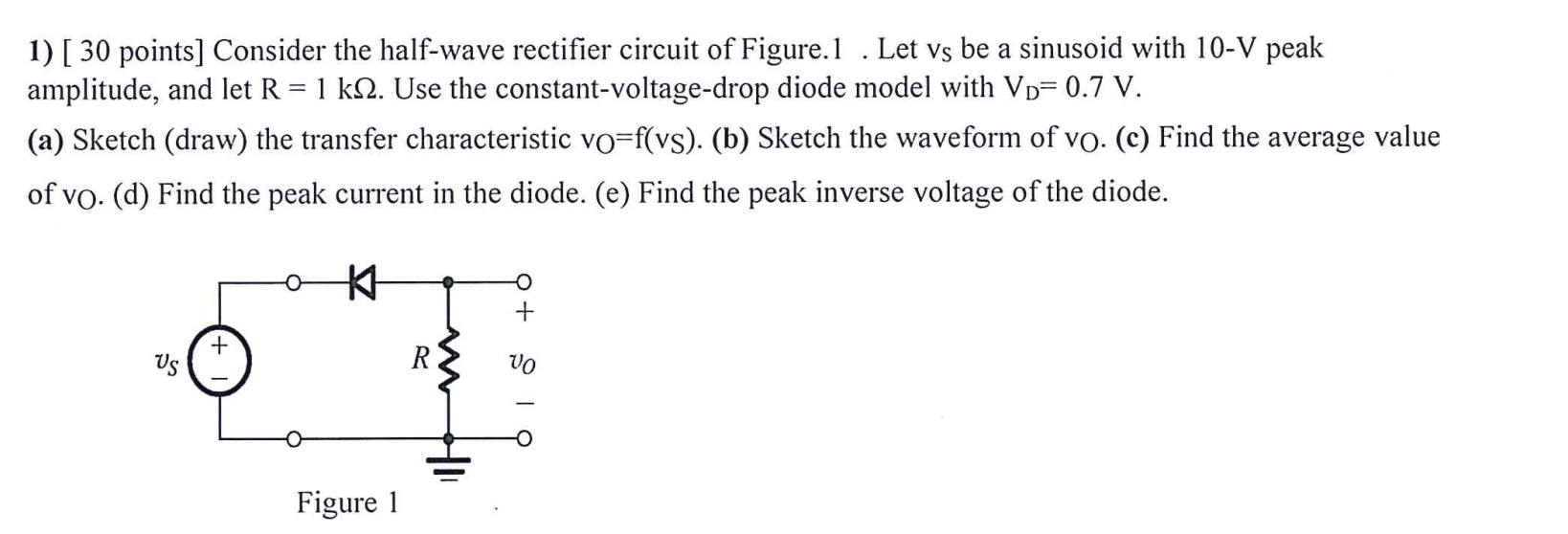 Solved [ 30 ﻿points] ﻿Consider the half-wave rectifier | Chegg.com