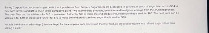 Solved Boney Corporation processes sugar beets that it | Chegg.com