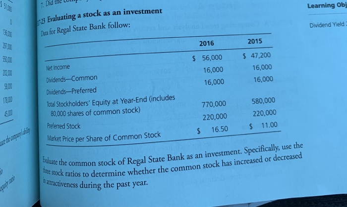 Solved three stock ratios to determine whether the common | Chegg.com