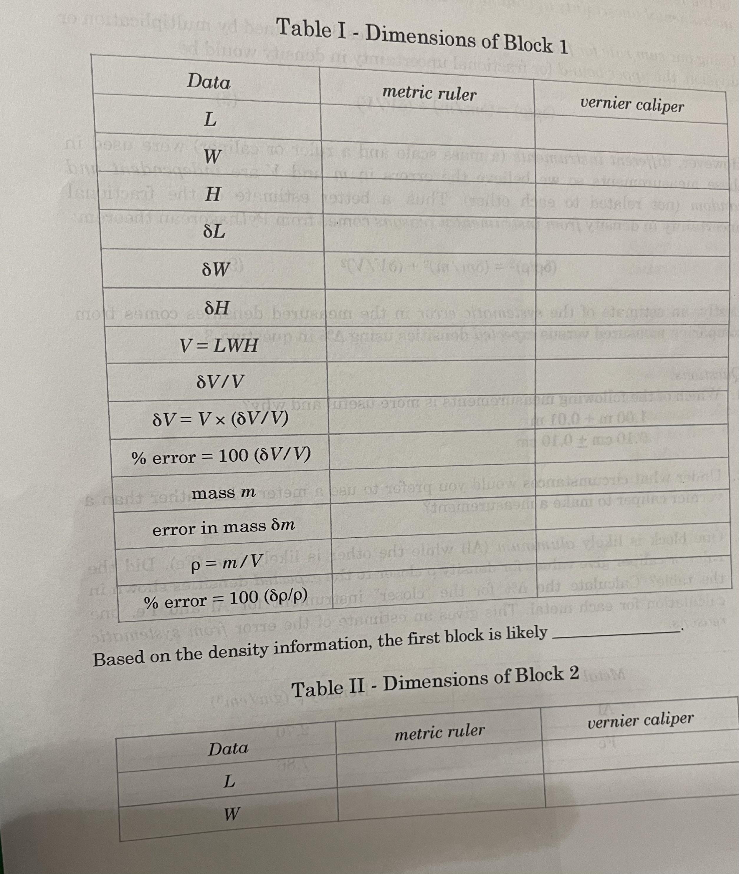 Table I - ﻿Dimensions of Block 1Data metric ruler | Chegg.com
