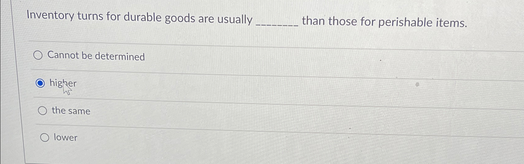 Solved Inventory turns for durable goods are usually than | Chegg.com