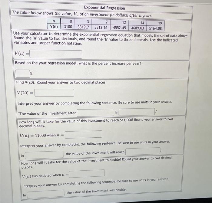 Solved Exponential Regression The table below shows the | Chegg.com