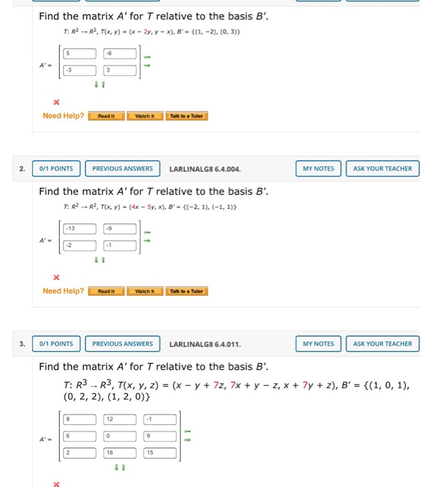 Solved Find the matrix A' for T relative to the basis B'. | Chegg.com