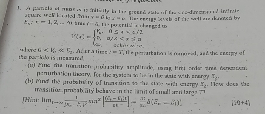 Solved A particle of mass m ﻿is initially in the ground | Chegg.com