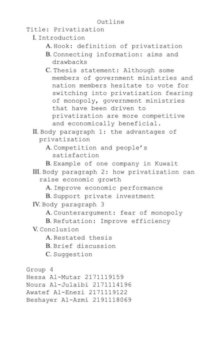 Outline Title: Privatization I. Introduction A. Hook: | Chegg.com