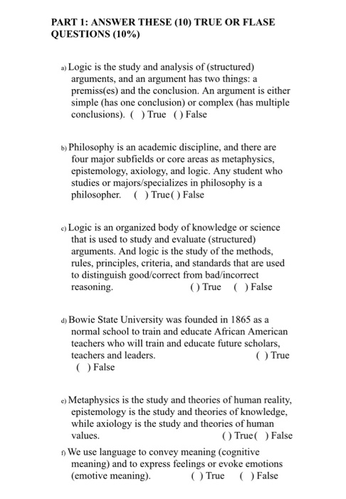 PART 1: ANSWER THESE (10) TRUE OR FLASE QUESTIONS | Chegg.com