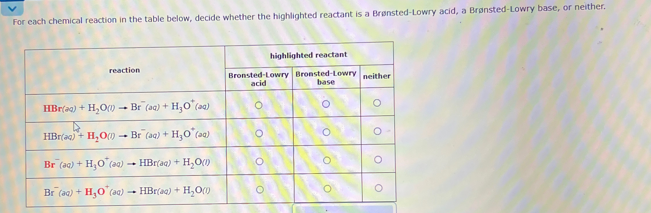 Solved For each chemical reaction in the table below, decide | Chegg.com
