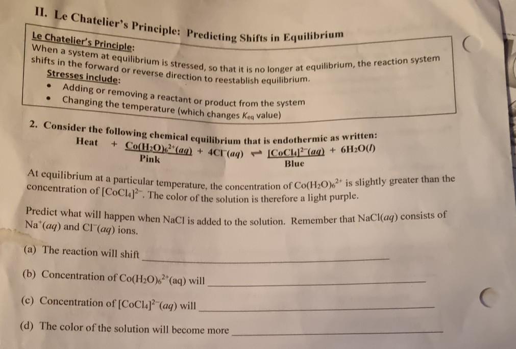 Solved II. Le Chatelier's Principle: Predicting Shifts in | Chegg.com
