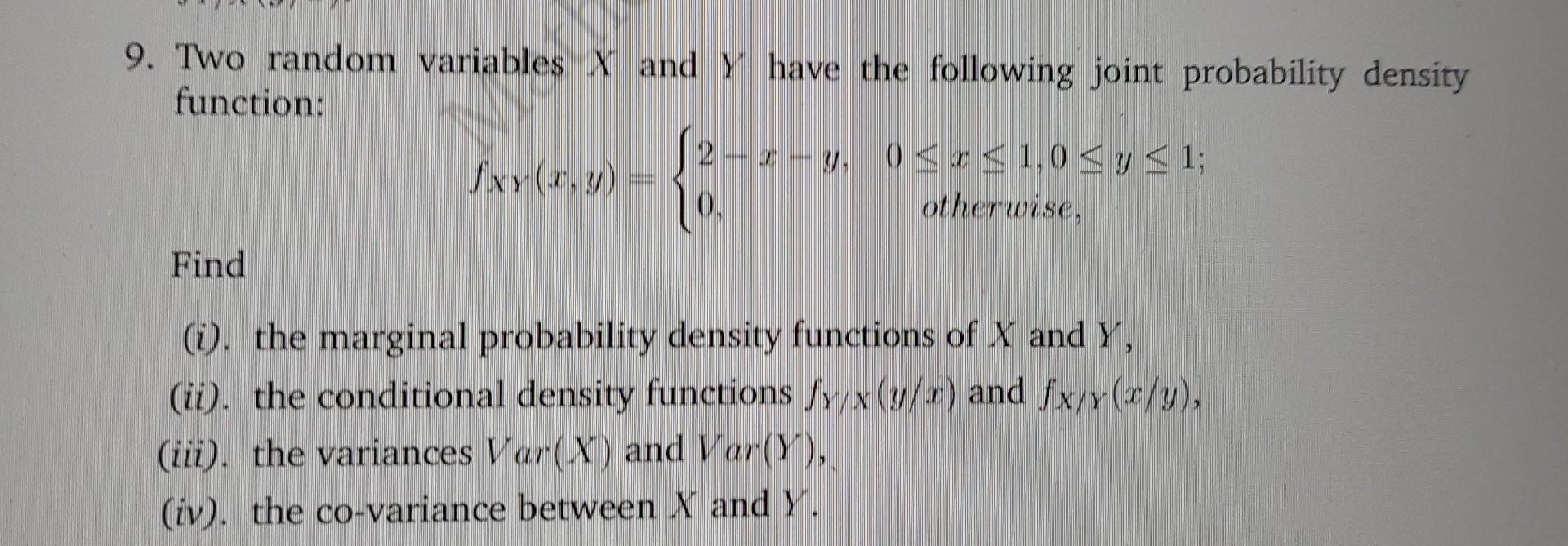 Solved 9. Two random variables X and Y have the following | Chegg.com
