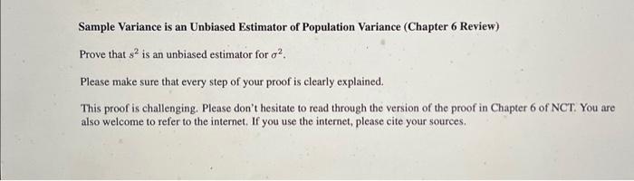 Solved Sample Variance is an Unbiased Estimator of | Chegg.com
