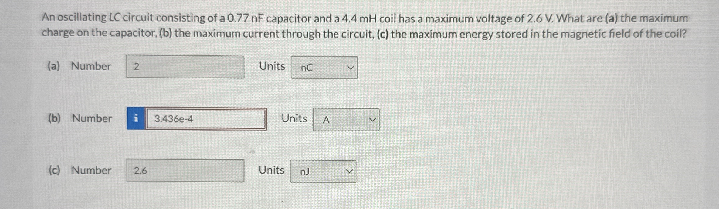 Solved An oscillating LC circuit consisting of a 0.77 ﻿nF | Chegg.com