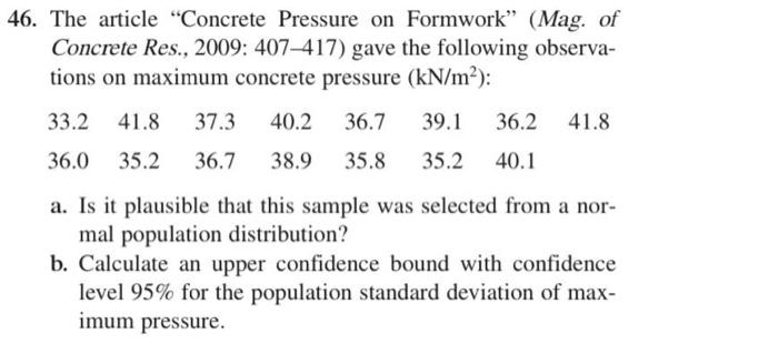Solved The article "Concrete Pressure on Formwork" (Mag. of | Chegg.com