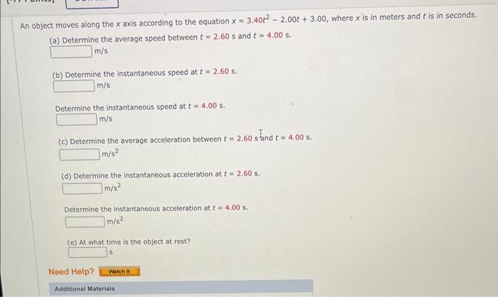 Solved object moves along the x axis according to the | Chegg.com