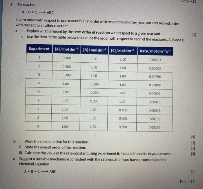 Solved Total = 12 2 The reaction A+B+C - ABC is zero order | Chegg.com
