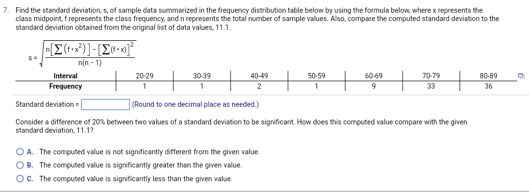 Solved Find the standard deviation, s, ﻿of sample data | Chegg.com
