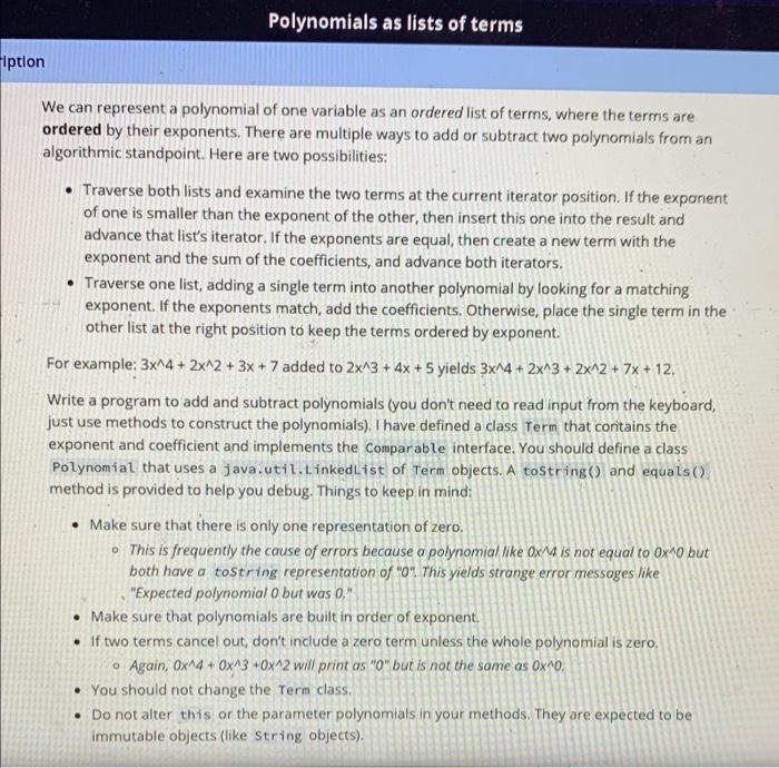 Solved Polynomials as lists of terms iption We can represent | Chegg.com