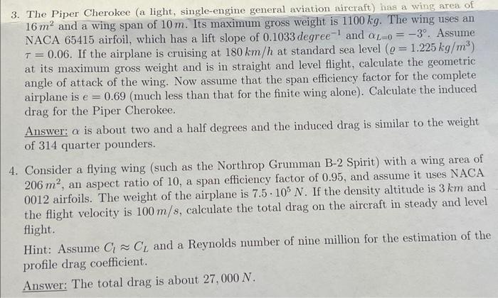 Solved 3. The Piper Cherokee (a light, single-engine general | Chegg.com
